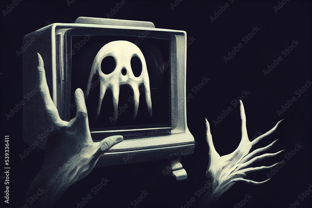 Horror scary movie concept. Hand of ghost on screen of vintage tv in ...