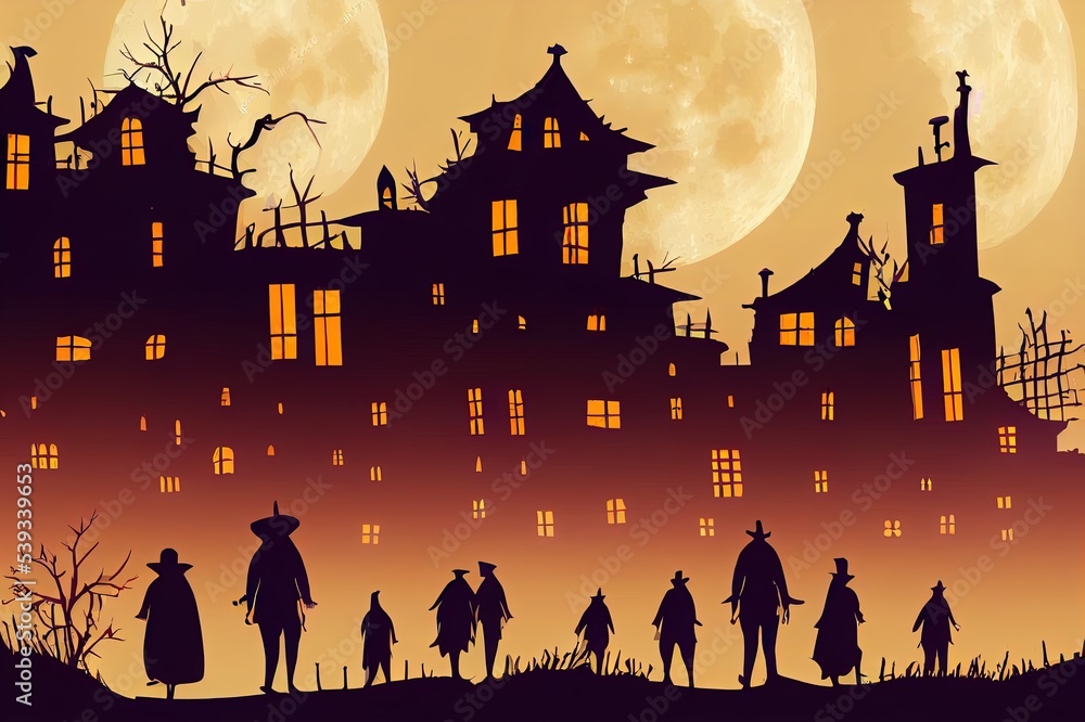 Abandoned city with ghosts walking in darkness along antique ...