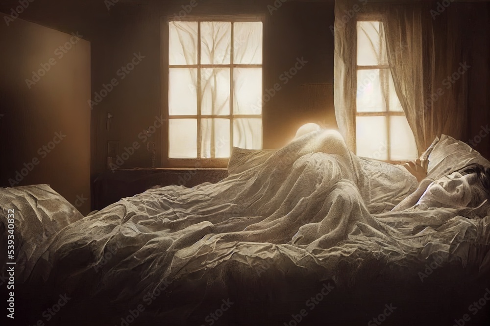 Shocked scared woman waking up from a nightmare in her bed at night ...