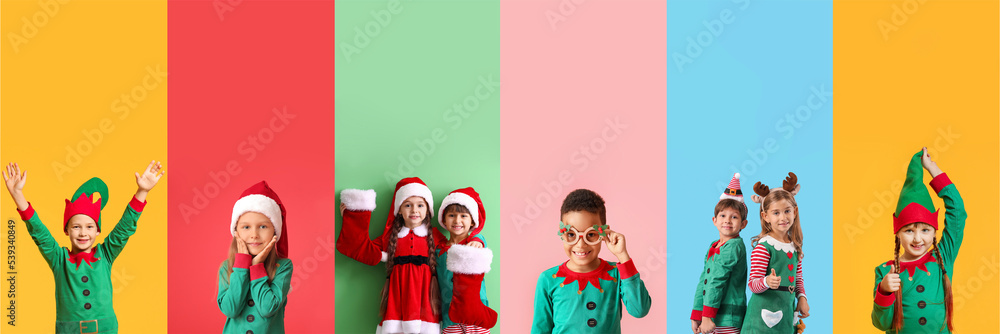 Set of cute little children in Christmas costumes on colorful ...
