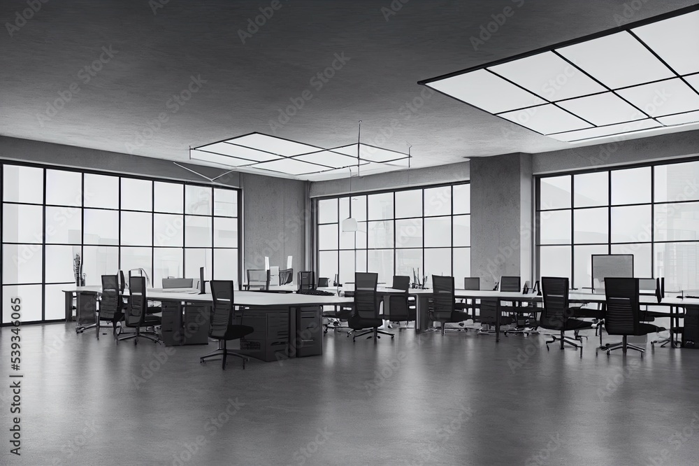 Open space office interior with brick and glass walls, a concrete floor ...