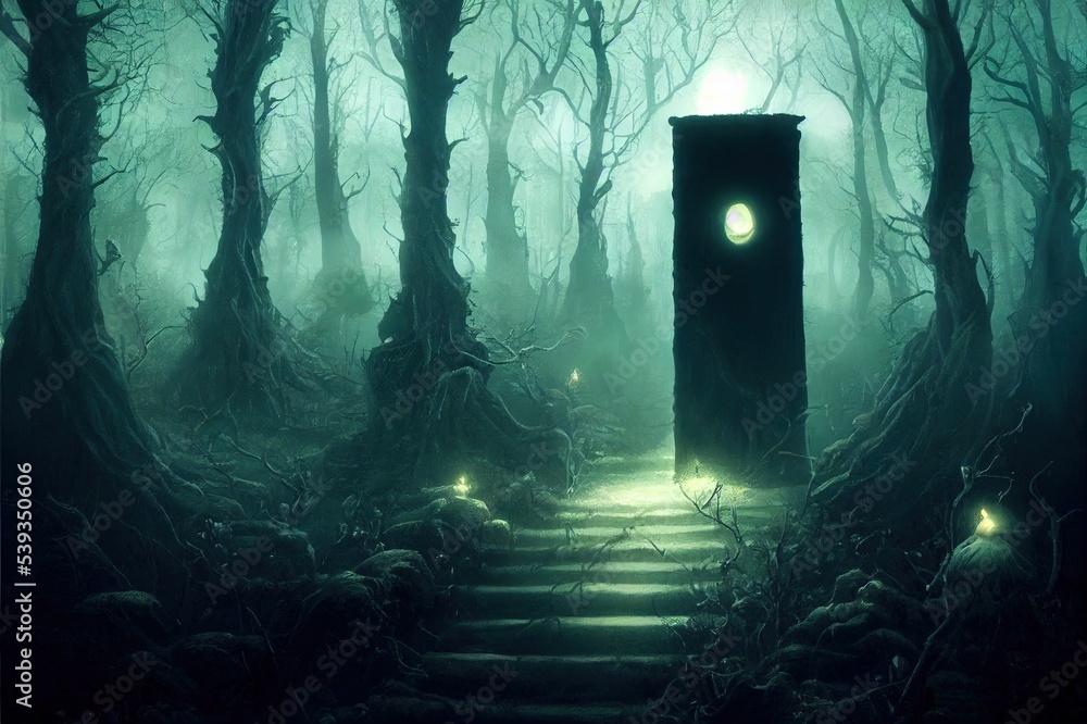 scary ghost in dark fantasy forest at night Stock Illustration | Adobe ...