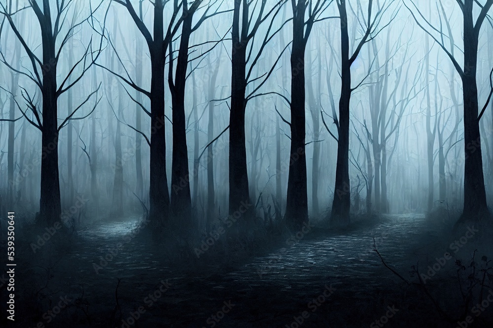 dark scary forest path at night surreal Halloween background Stock ...