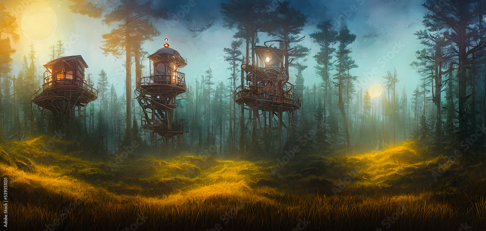 Artistic concept painting of a watch tower on the landscape, background ...