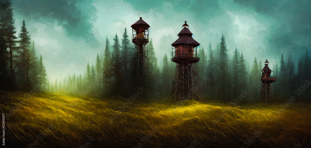 Artistic concept painting of a watch tower on the landscape, background ...