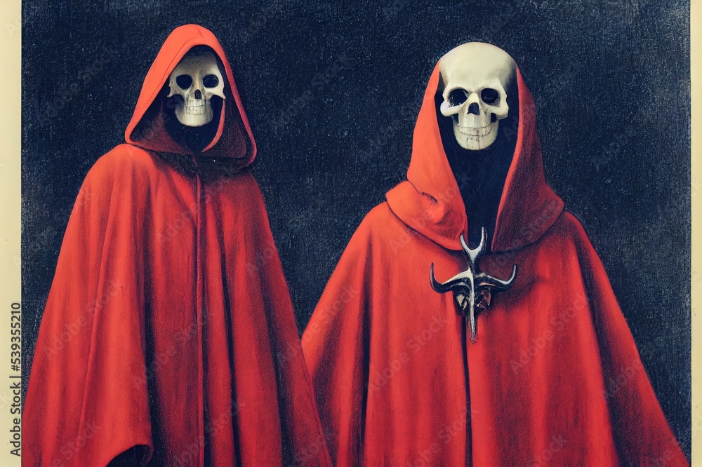 Man in red ritual hooded cloak holds a skull with horns in hands ...