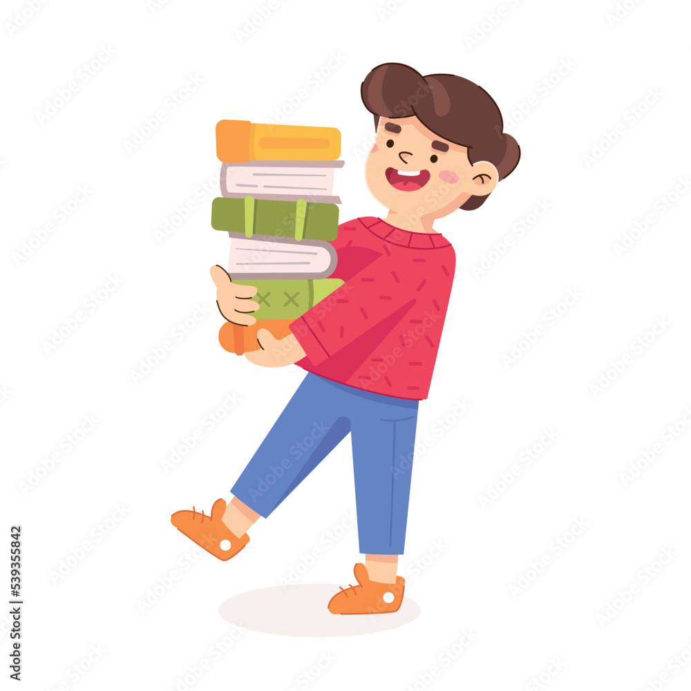 Boy goes carries a large stack of books. Cartoon vector illustration ...