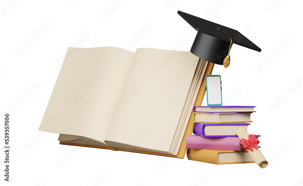 open book and graduation hat with diploma rolled isolated. achieve ...