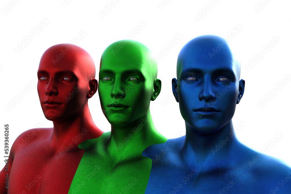 Three bald men in blue green and red on a white background. 3d ...