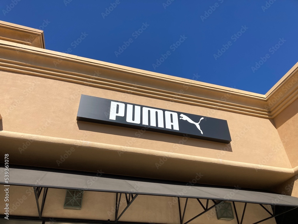Puma sign, logo on the store facade at Desert Hills Premium Outlets ...