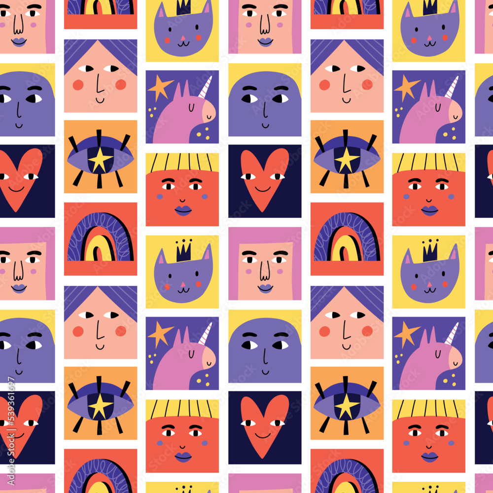 Abstract square faces seamless pattern. Funny cartoon characters ...