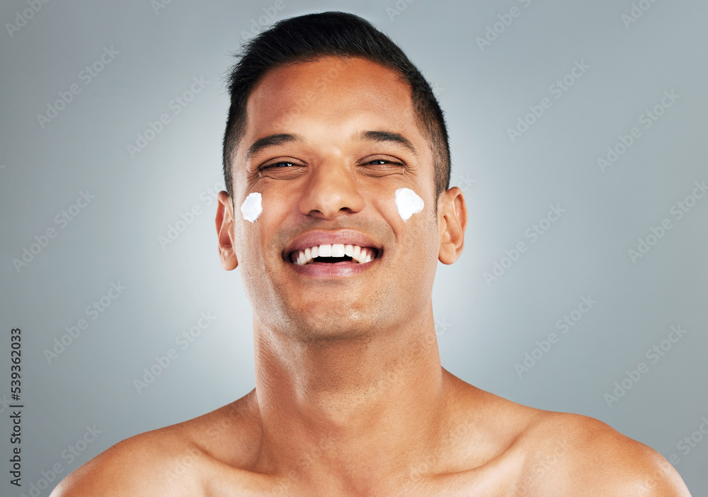 Happy man, face cream skincare and portrait moisturizer, healthy ...