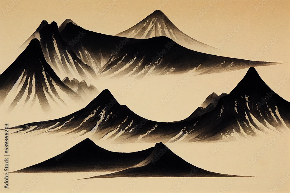 Set of mountains hand drawn with ink in traditional Japanese ink wash ...