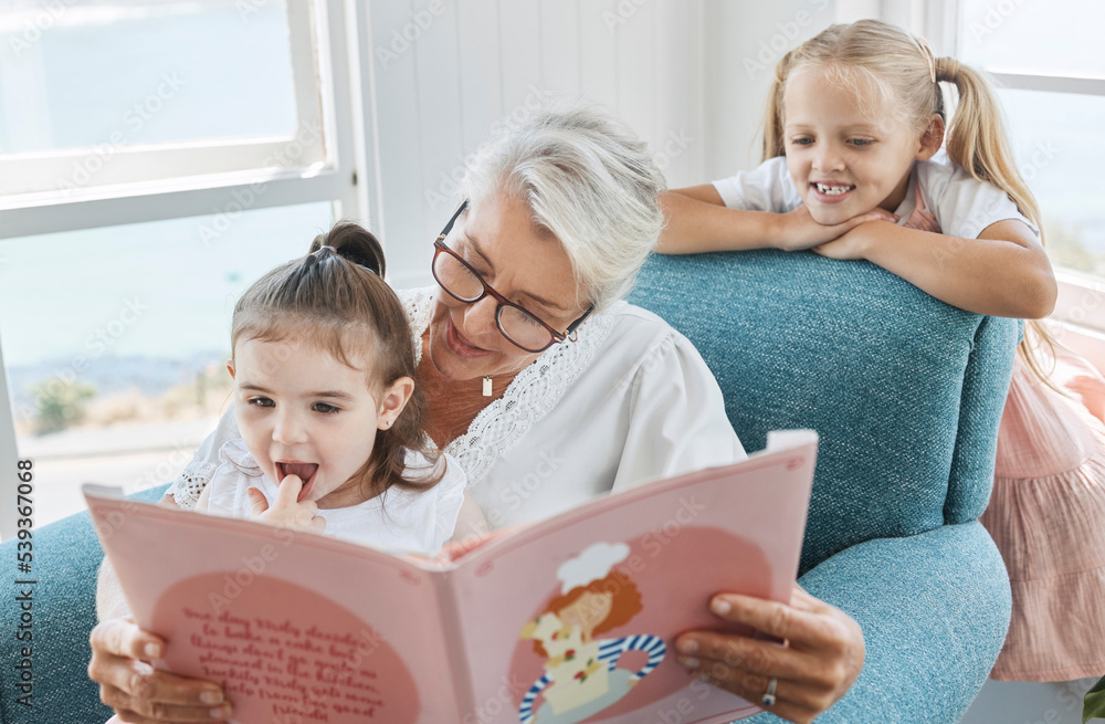 Book, family and children with a grandmother and girl kids reading a ...