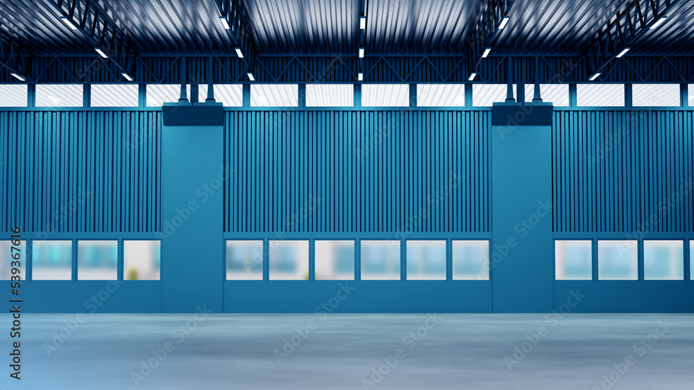 Empty industrial building. View from inside with empty hangar ...