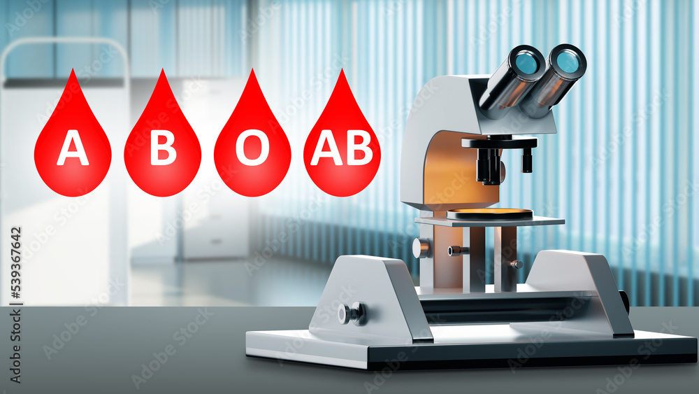 Human blood types. Microscope for blood analysis. Checking Rh factor ...