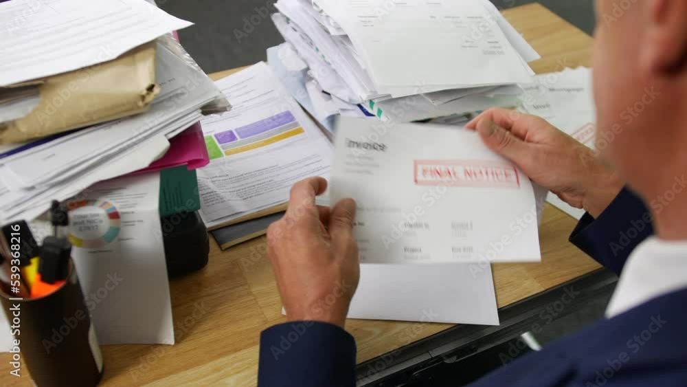 A man opening a stack of bills and letters with overdue notice for an ...