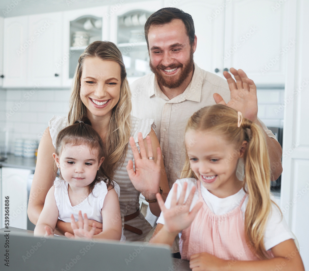 Love, family and video call on laptop with contact for online ...