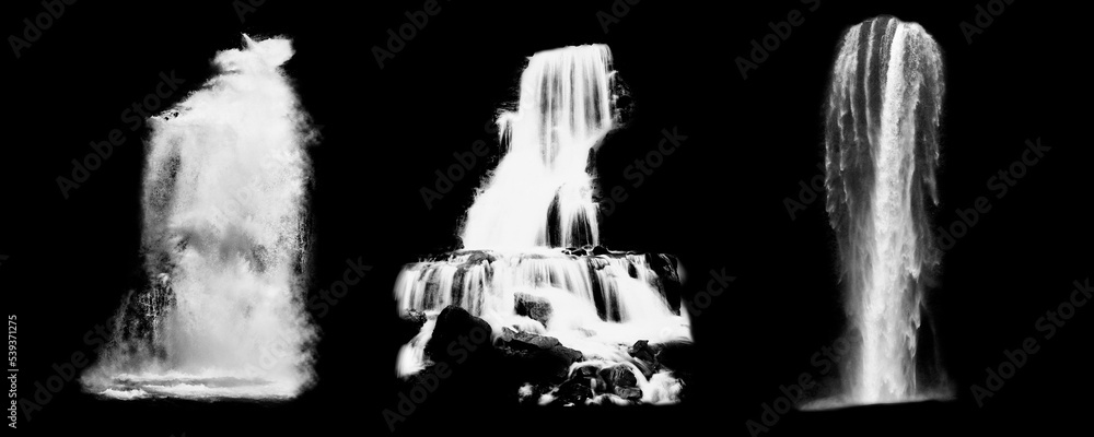 Set of waterfalls isolated on black background. Black and white ...