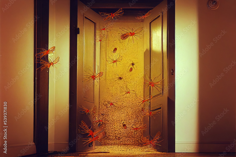 many cockroaches coming through the door, inside the apartment. Control ...