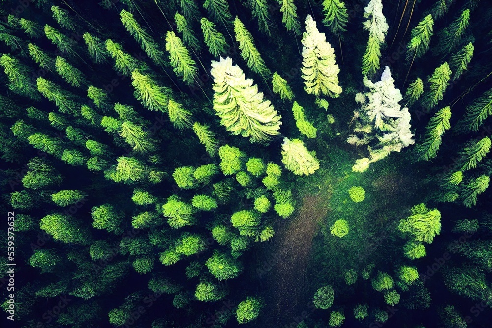 Top view of dark green forest landscape wallpaper art. Aerial nature ...