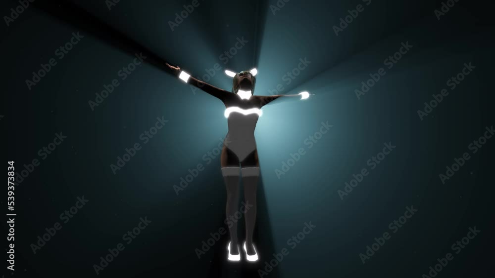 Beautiful bunny girl jumping happily in front of volumetric light on ...