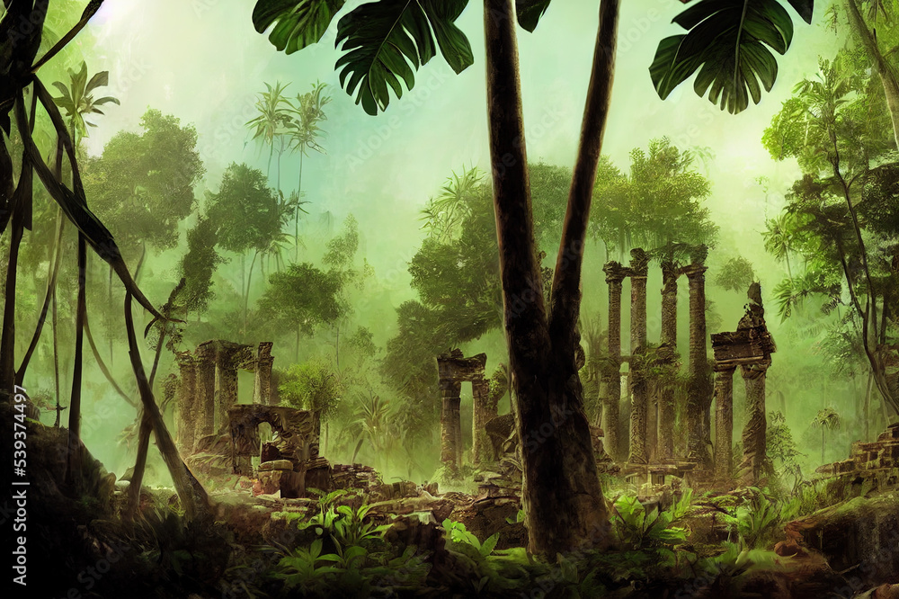 Human skull and ancient ruins in the jungle, exploration and adventure ...