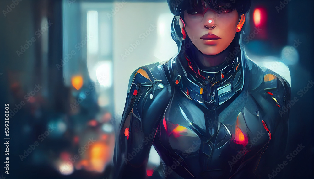 humanoid robot cyborg female, futuristic look, gray armor with orange ...