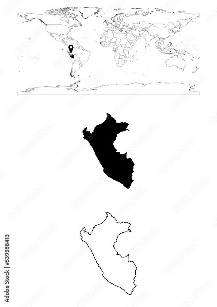 Vector Peru map, map of Peru showing country location on world with ...