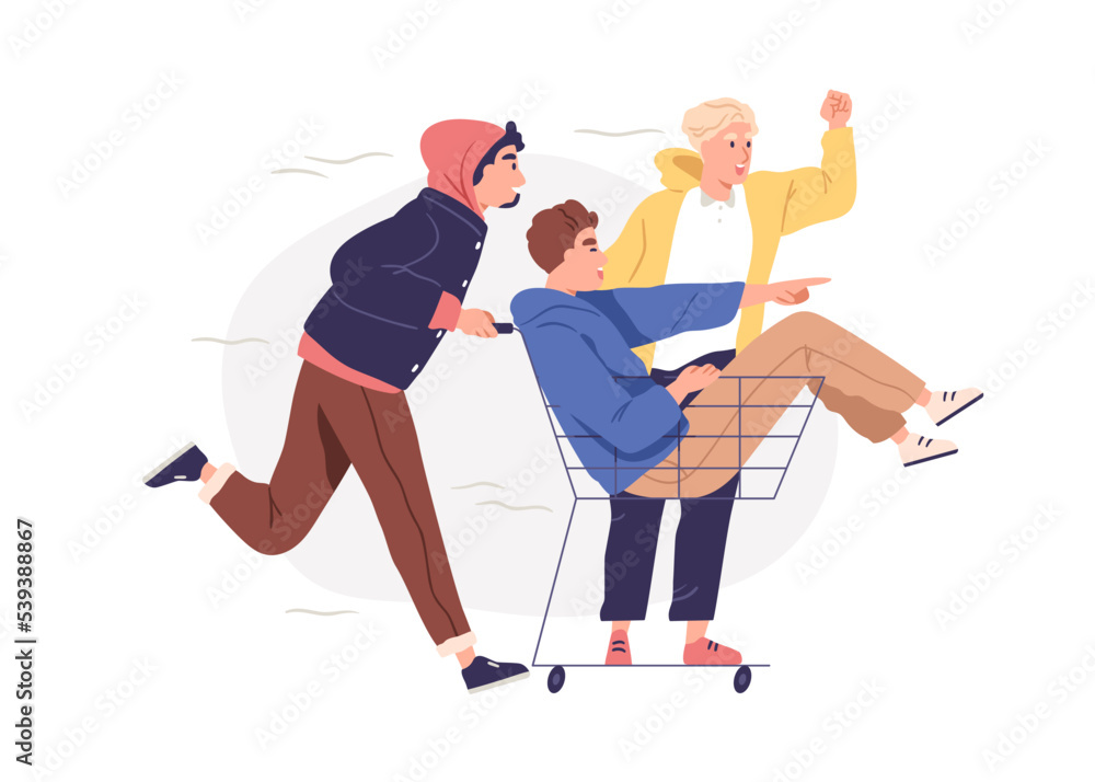 Happy men pushing supermarket cart with guy sitting inside. Friends ...