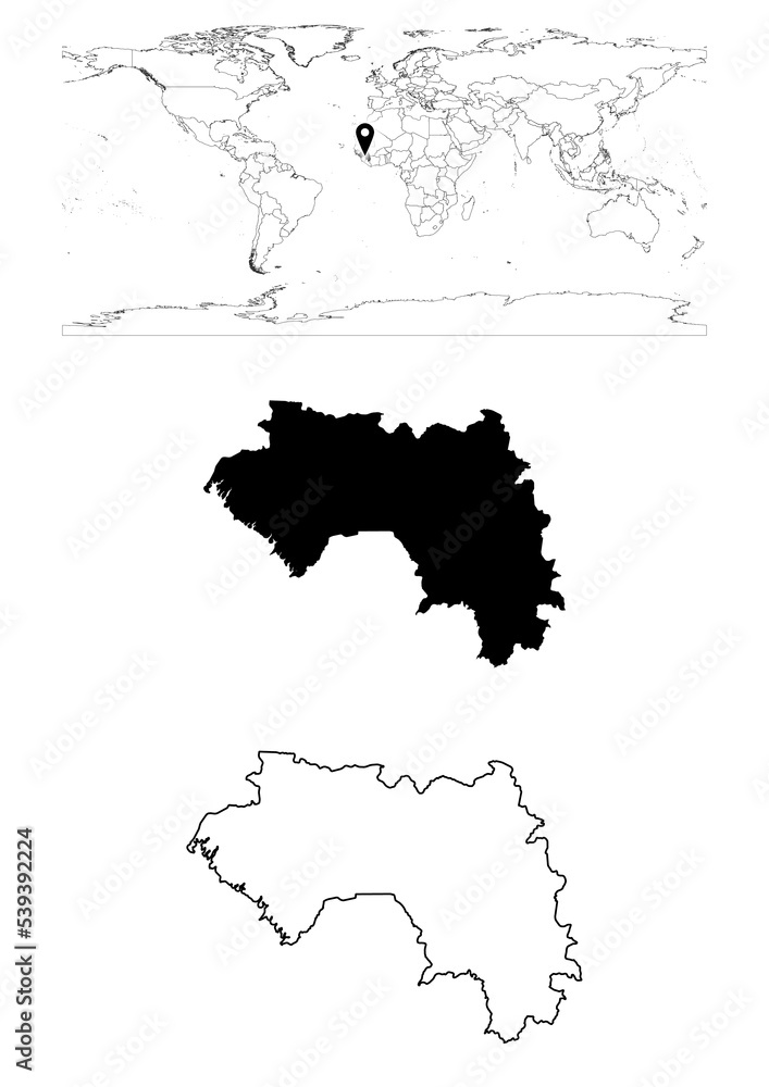 Vector Guinea map, map of Guinea showing country location on world with solid and outline maps ...