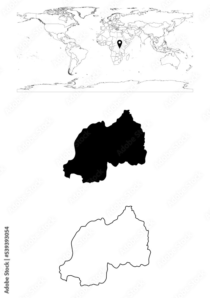 Vector Rwanda map, map of Rwanda showing country location on world with ...