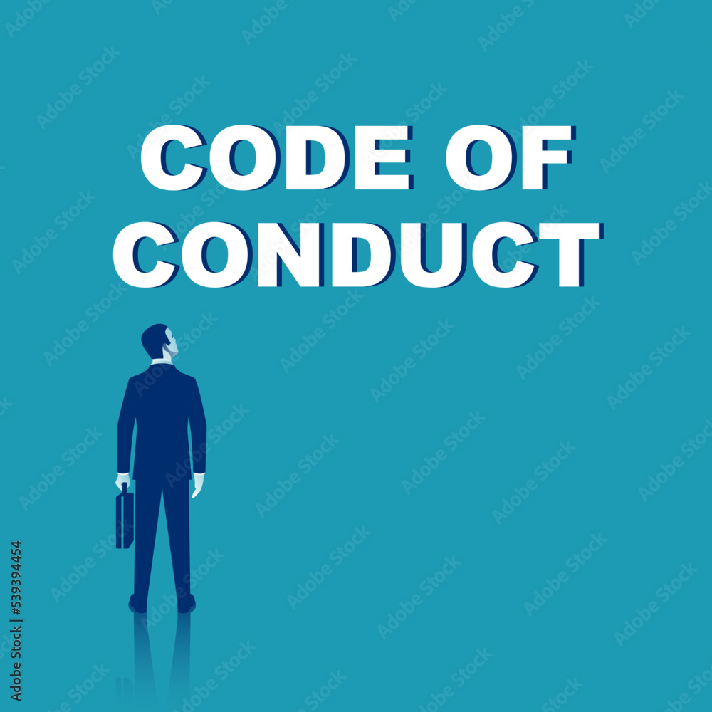 Code of conduct concept. Businessman stands in front of the word ...