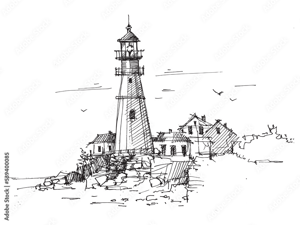 Line drawing of a lighthouse. Architectural sketch. Vector illustration ...