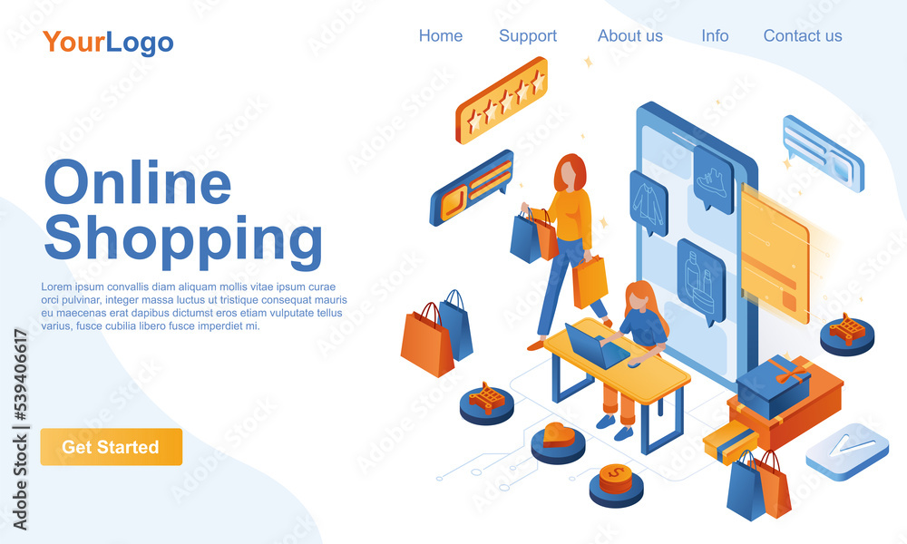 Online shopping isometric landing page template. Customer buying ...