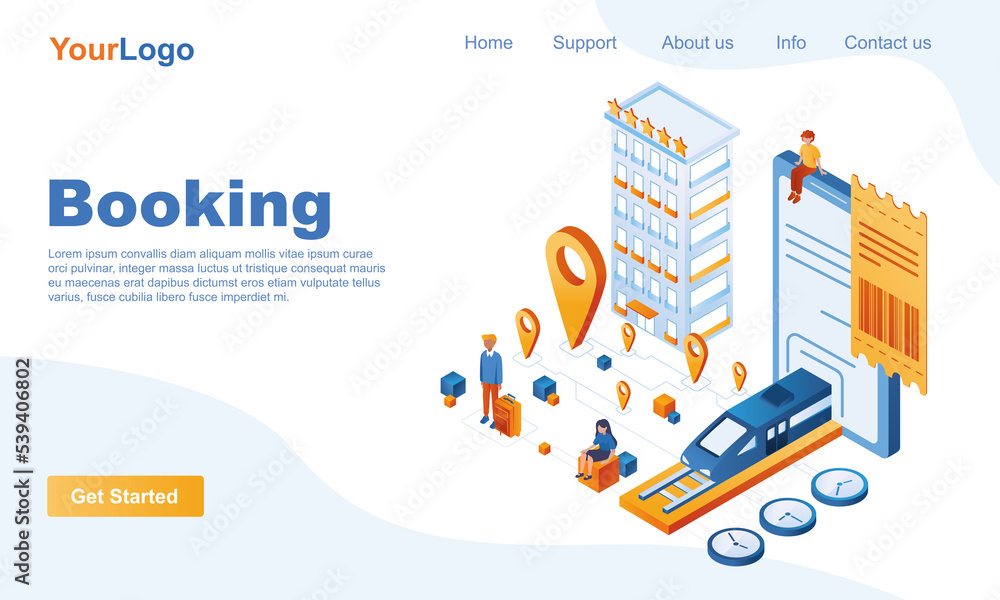 Booking isometric landing page template. Traveler book tickets and ...