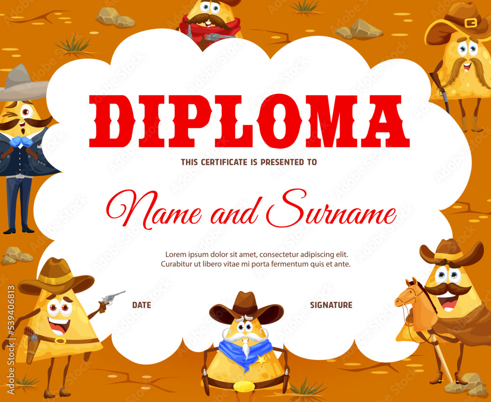 Kids diploma with vector cowboy, bandit and sheriff mexican nachos ...