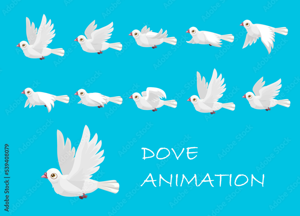 Flying white dove motion animation. Cartoon bird fly in sky action ...