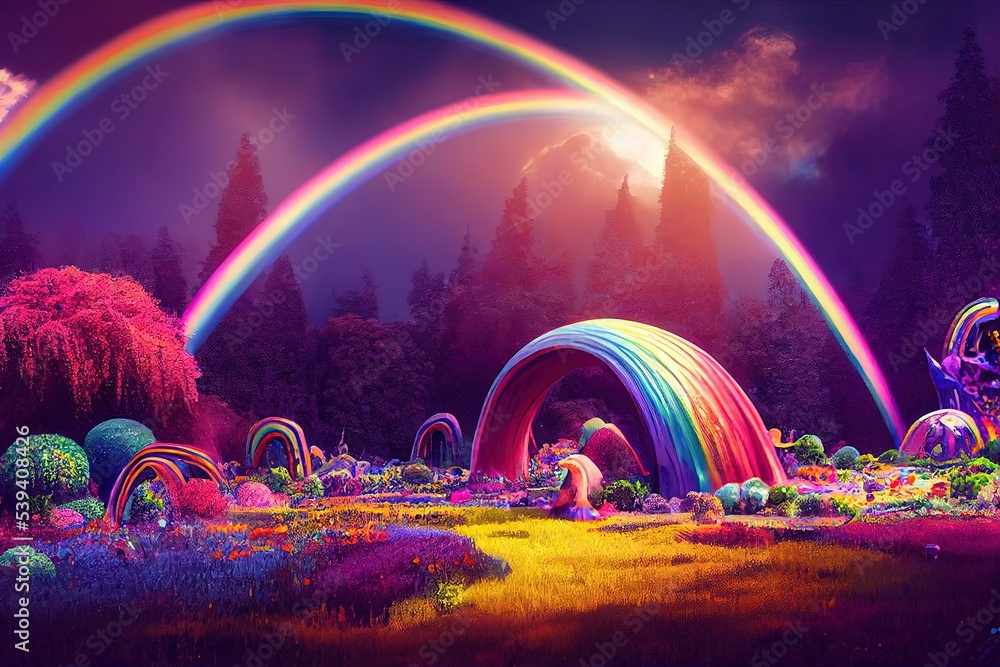 fantasy concept showing a big colorful rainbow in a enchanted fantasy ...
