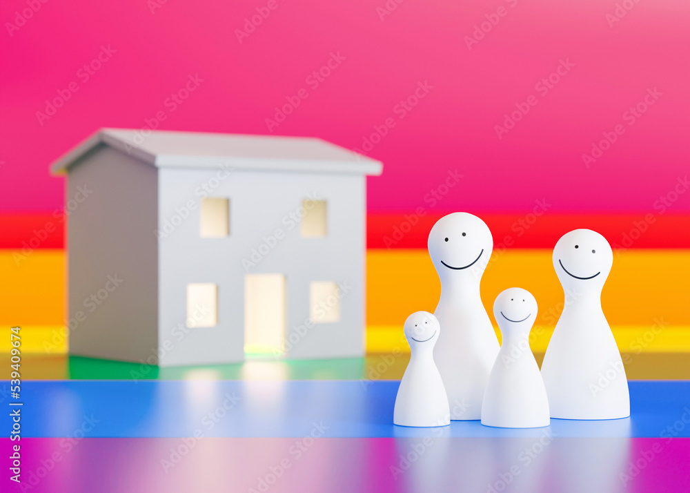 LGBT family figures on rainbow background. Homosexual parents with ...