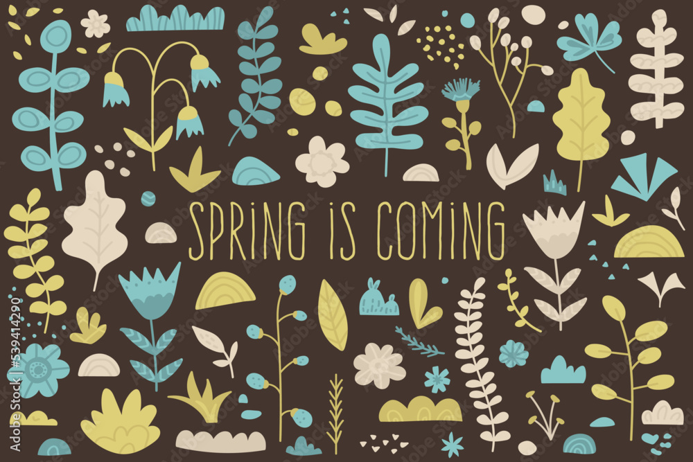 Vector banner Spring is coming. Abstract background of leaves, flower ...
