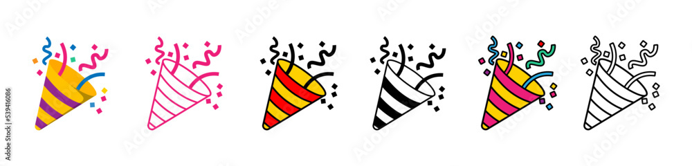 Party popper emoji icons with ribbon and confetti.Congratulate and ...