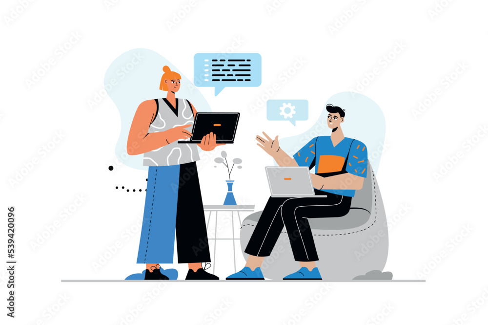 Programming concept with people scene in flat style. Man and woman ...