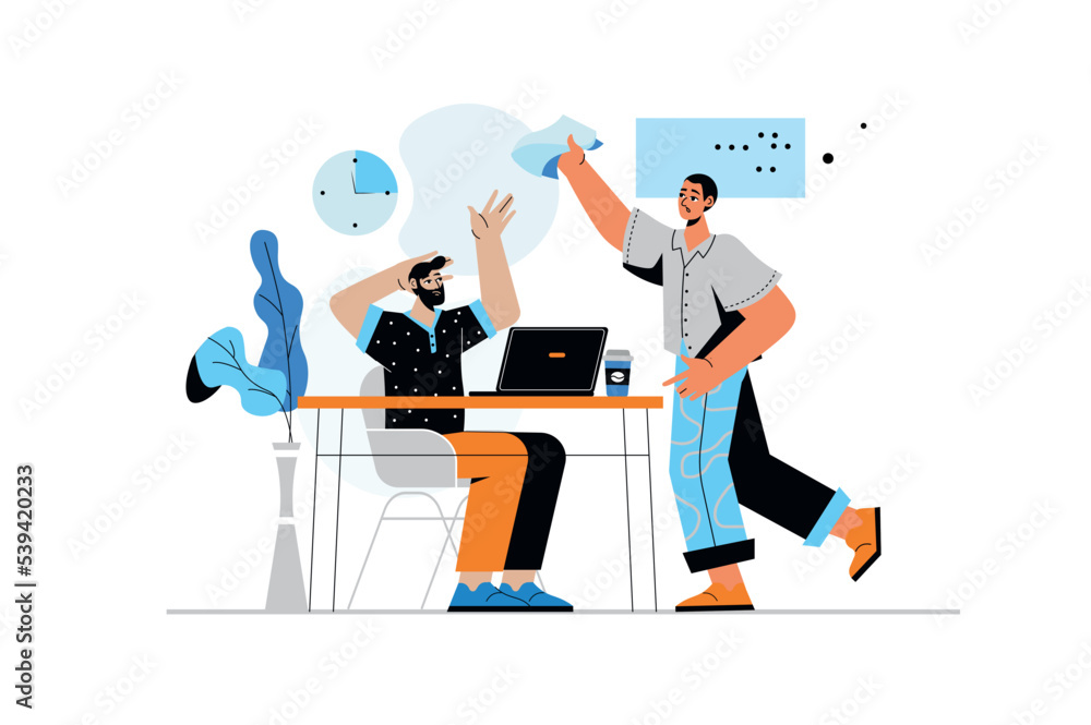 Deadline concept with human scene in flat style. Colleagues in office ...