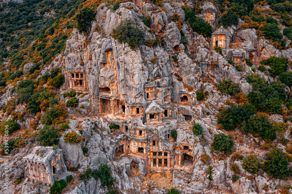 Aerial Top view ruins Myra Ancient City in Demre Antalya, Turkey. Old tombs and amphitheater ...