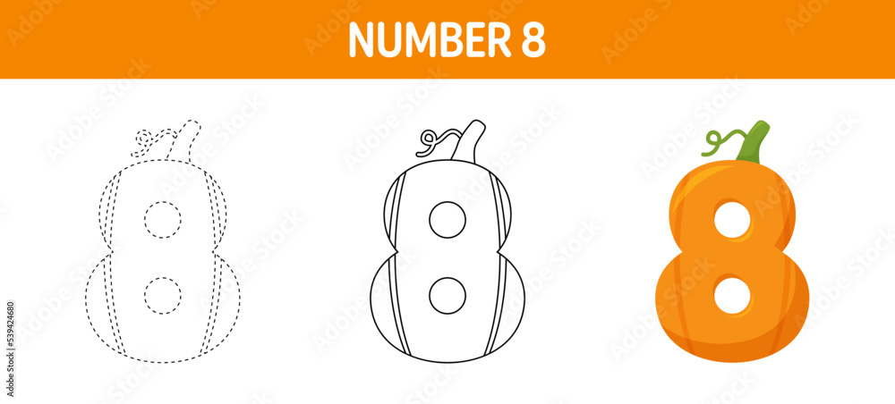 Number 8 Pumpkin tracing and coloring worksheet for kids Stock Vector ...