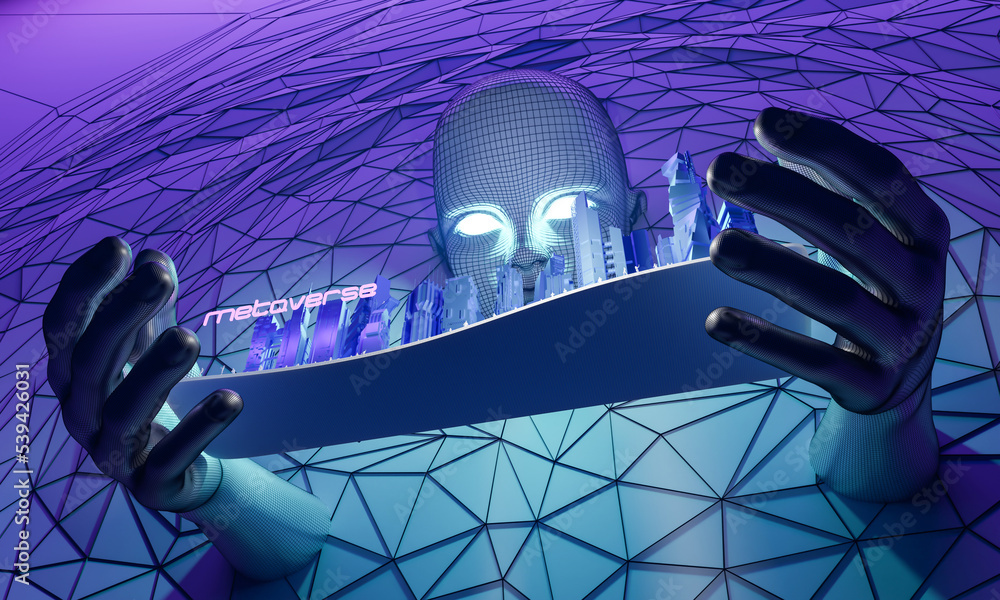 Metaverse city and AR technology concept. 3D render blue,white color ...