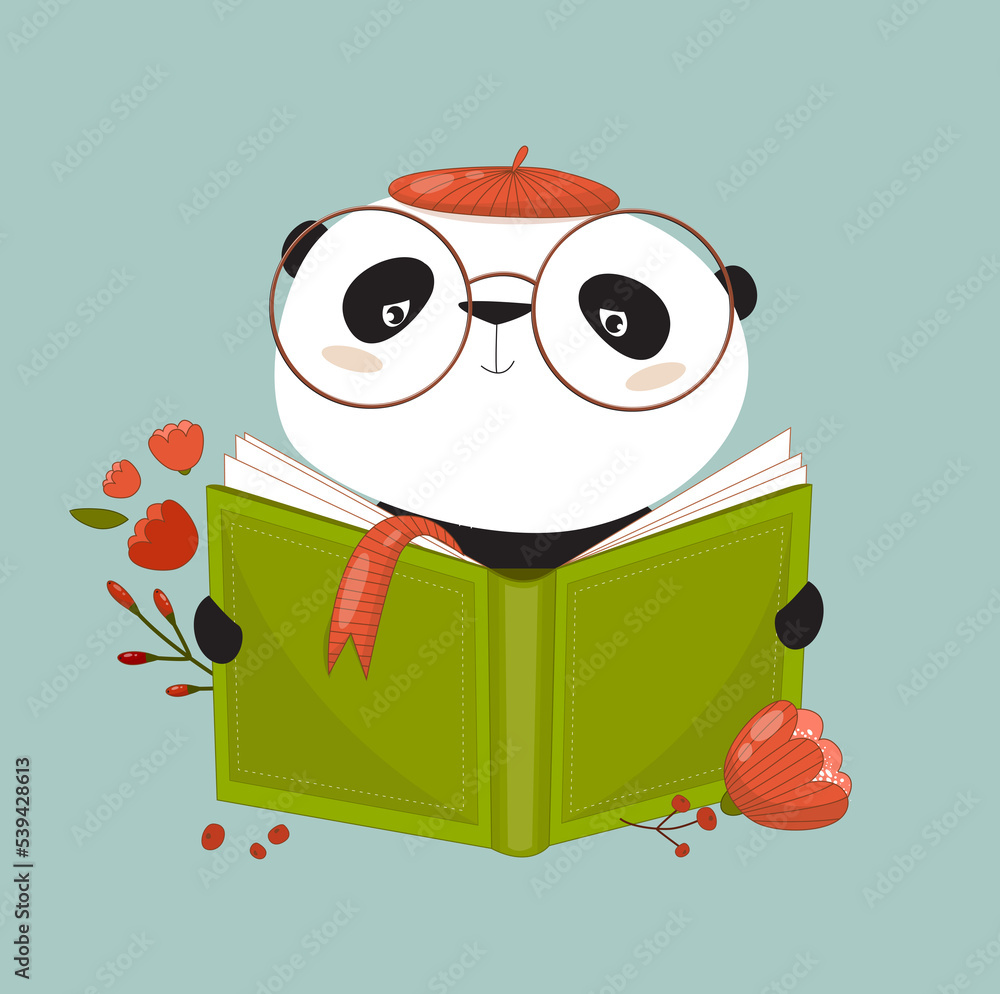 Cartoon panda reading. Panda is learning. Cute panda with glasses ...