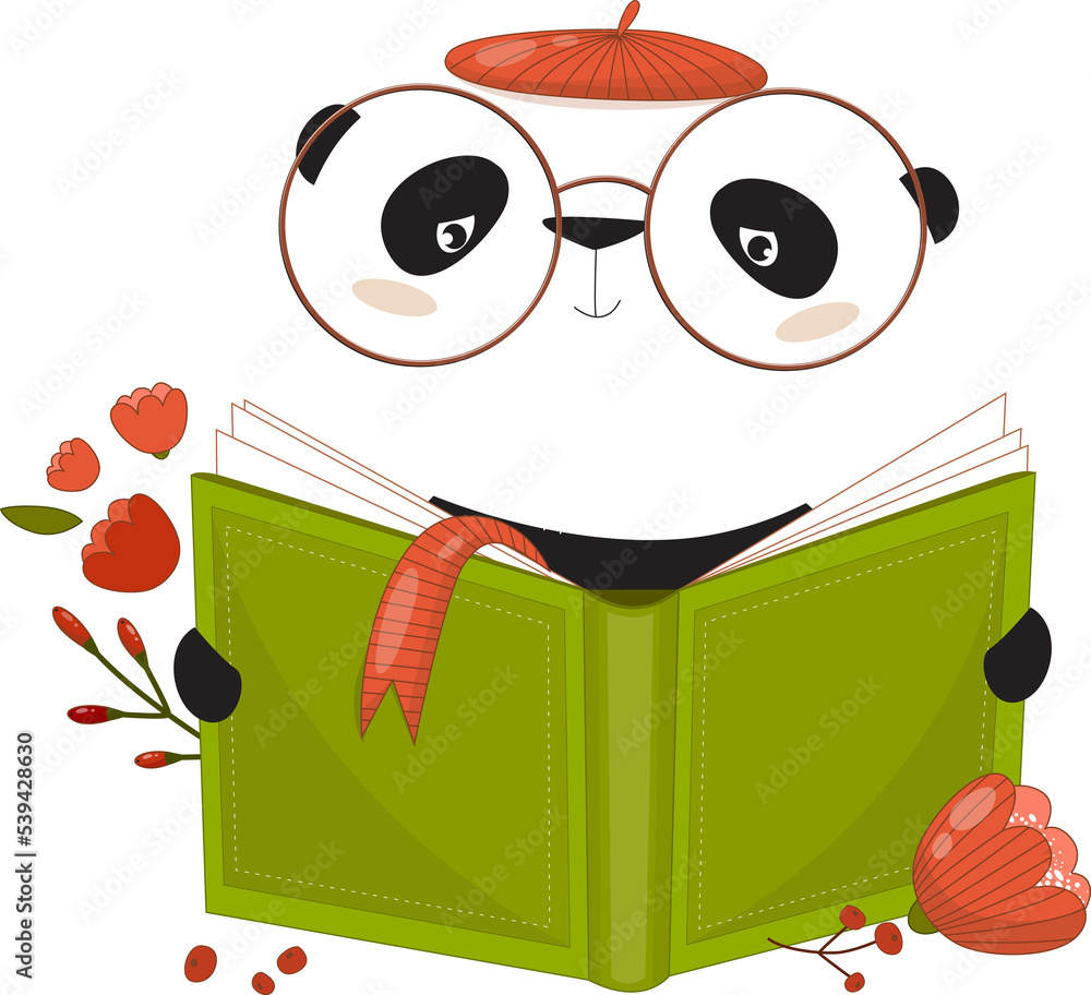 Cartoon panda reading. Panda is learning. Cute panda with glasses ...