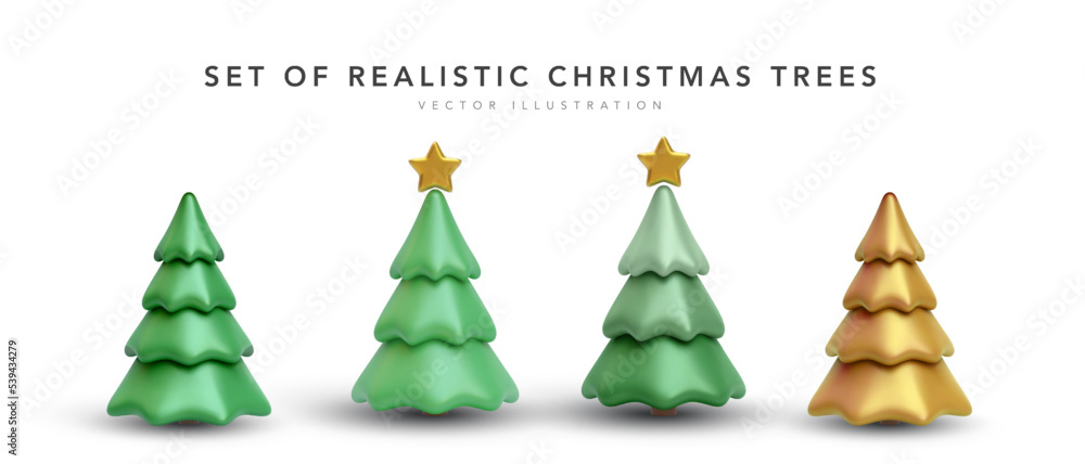 Set of 3d realistic Christmas tree with shadow isolated on white ...